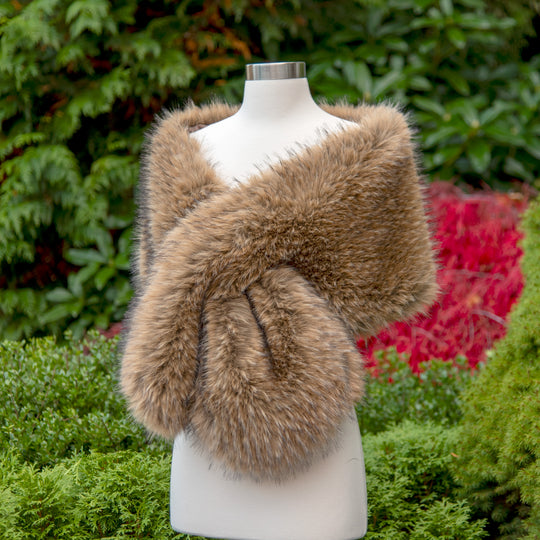 Brown faux fur wrap bridal shawl with black tips – Tulip Bridal