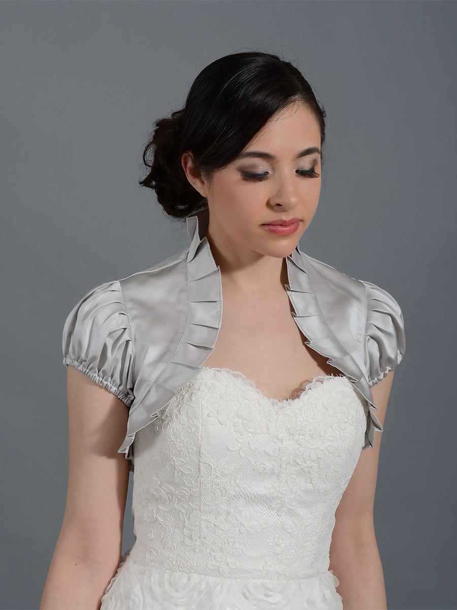 Silver short sleeve wedding satin bolero jacket – Tulip Bridal